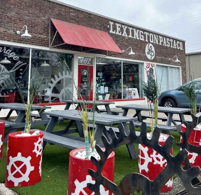 Outdoor seating with gear-themed planters adds whimsy to your al fresco dining experience in downtown Lexington.