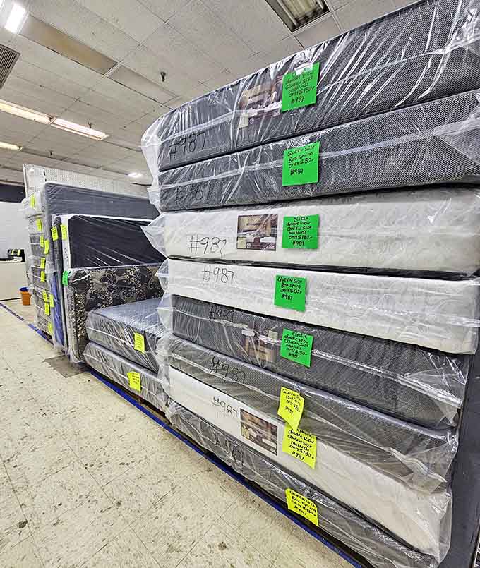 Mattresses stacked high like a princess-and-the-pea situation, minus the royalty but with better prices.