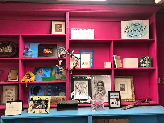 Colorful shelving displays treasures with the kind of whimsy that makes browsing feel like a scavenger hunt.
