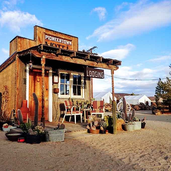 The Pioneertown Motel's vintage sign and eclectic porch decorations capture that perfect blend of authenticity and desert whimsy.