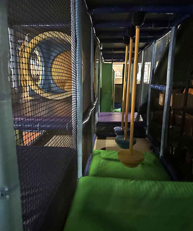 Circular hanging swings test courage and grip strength while kids think they're just swinging through an underwater obstacle course.