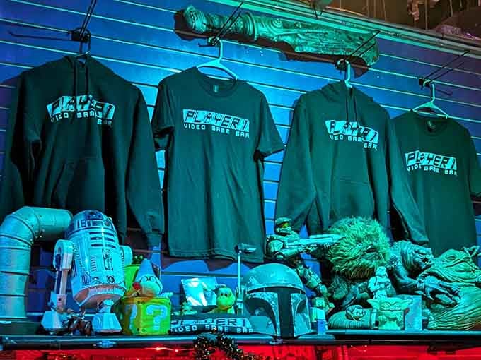 Branded merchandise and collectibles line the shelves, turning nostalgia into wearable art for the true believers.