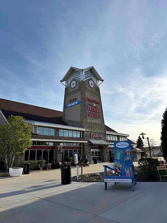 The clock tower serves as a landmark for meeting friends and keeping track of time during epic shopping adventures.