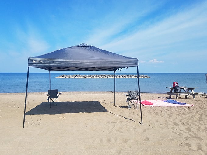 Smart beachgoers bring shade because Lake Erie sunshine doesn't mess around, even when the breeze feels refreshingly cool.