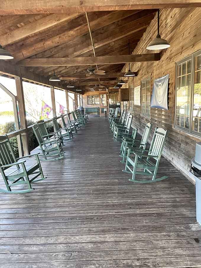 The front porch lined with rocking chairs, perfect for contemplating which flavors you forgot to buy inside.
