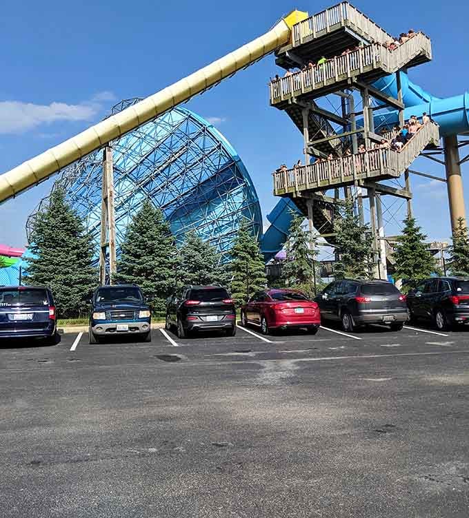 That massive slide tower looming over the parking lot promises thrills visible from your car before entering.