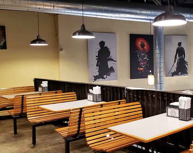 Upstairs seating offers communal tables perfect for slurping noodles with friends or making new ones quickly.