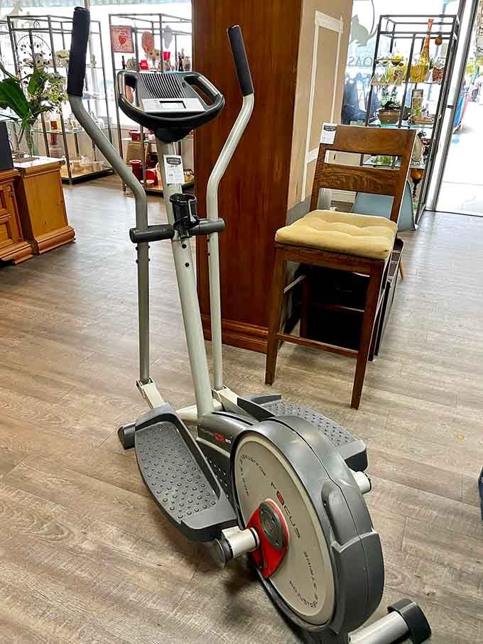 An elliptical trainer stands ready to help you work off those guilt-free shopping calories at a guilt-free price.