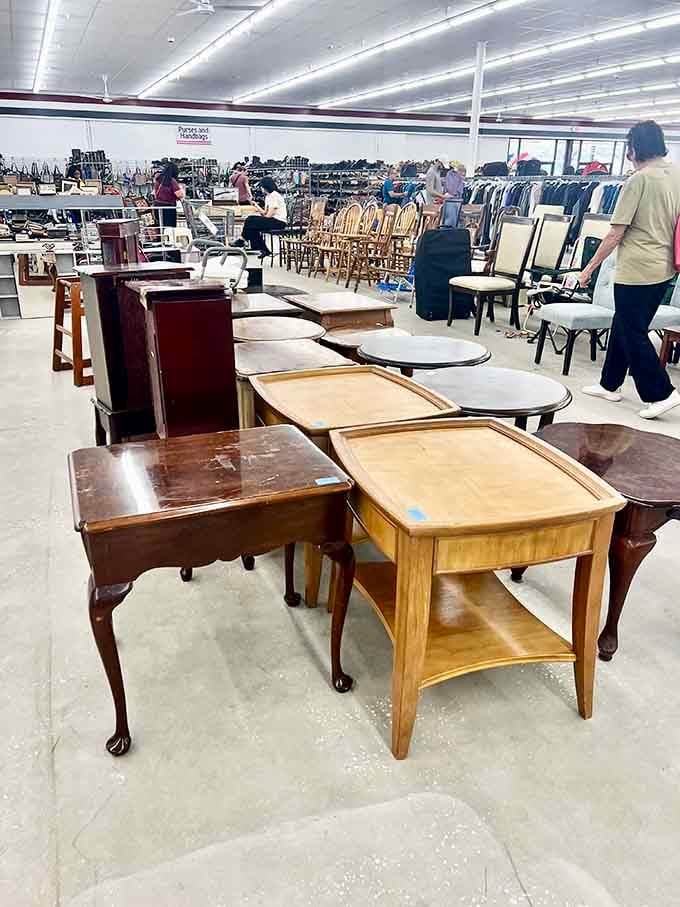 Furniture scattered like a showroom floor, except these pieces come with history and unbeatable price tags attached.