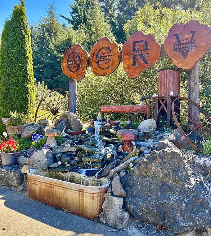 This whimsical water feature spells out welcome with more personality than most people manage in entire conversations with strangers.