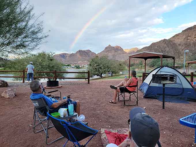 Rainbow over your campsite? That's nature's way of saying you made the right choice coming here.