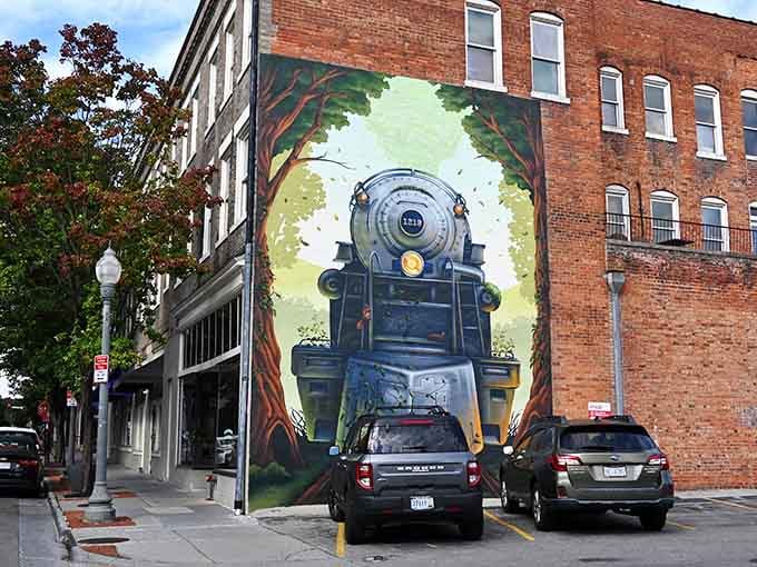 This stunning locomotive mural celebrates Roanoke's railroad heritage with impressive artistic detail and local pride.