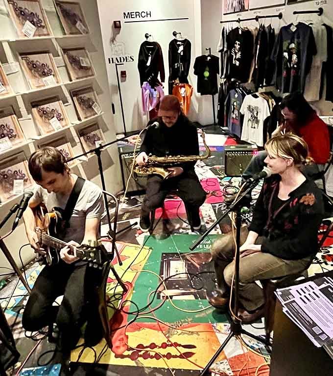Live music happening right where you shop transforms a retail space into an intimate concert venue instantly.