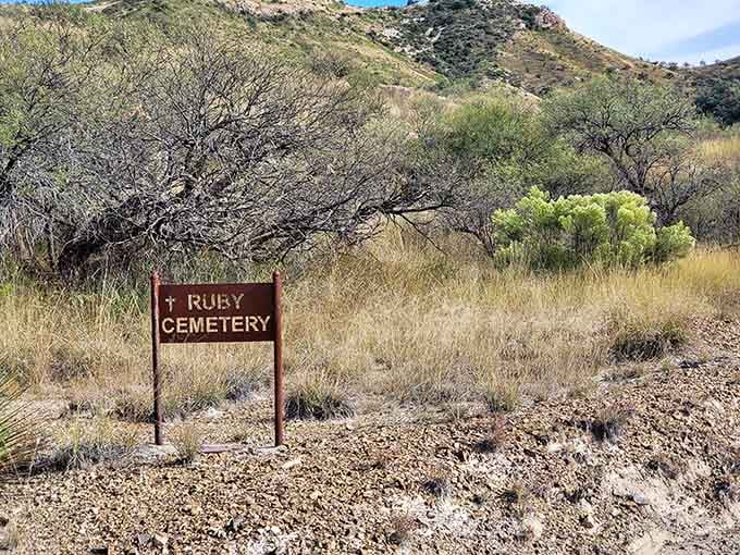 The cemetery sign points toward final resting places, a sobering reminder that Ruby's residents left more than just buildings behind.