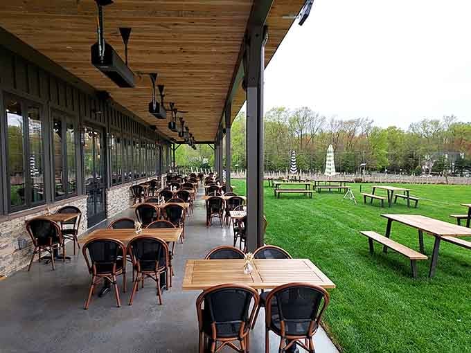 The covered patio stretches along the building, offering dozens of spots to settle in and pretend you're on vacation in wine country.