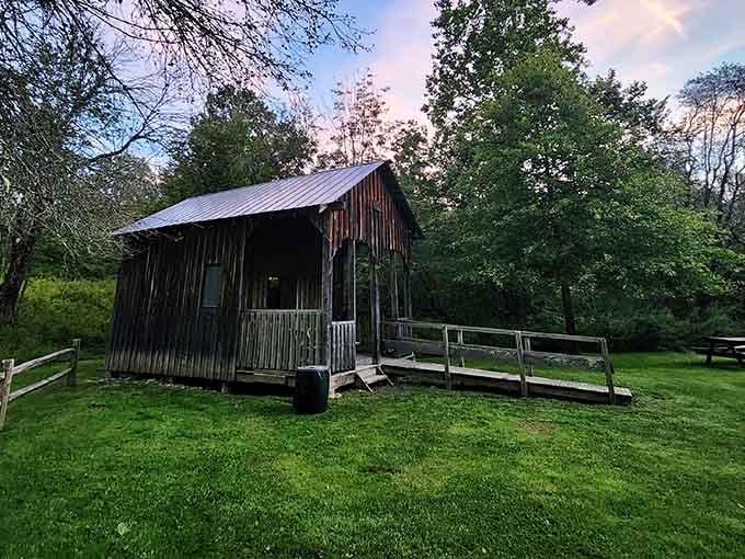 This cabin has more character in its weathered boards than most modern buildings will ever achieve in their lifetime.