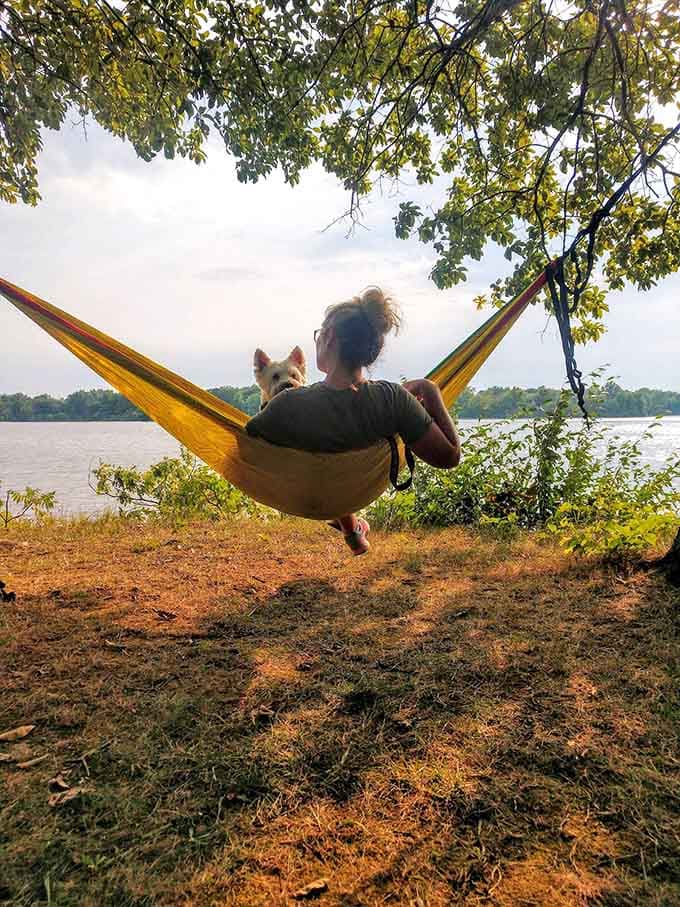 Lakeside hammock lounging with your best friend proves retirement planning should include more moments exactly like this.