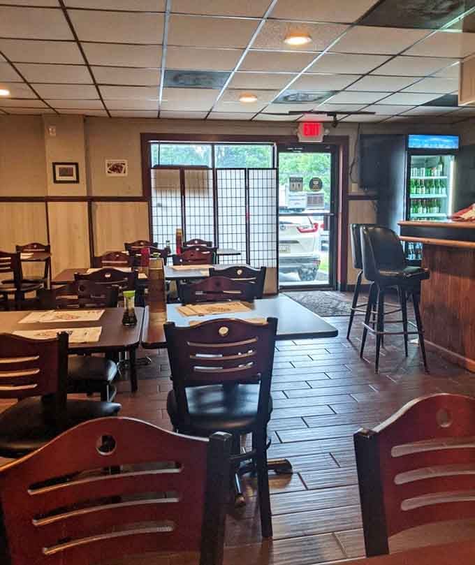 Wood-grain floors and simple tables create the perfect no-fuss backdrop for food that needs no fancy staging.