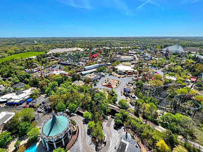 From above, the park sprawls like an amusement architect's masterpiece, with Sky Striker standing tall among the chaos below.