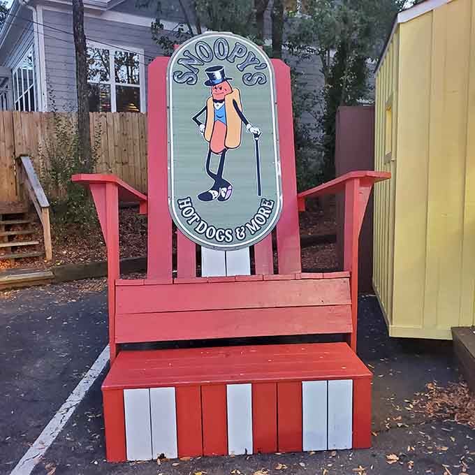 That oversized Adirondack chair isn't just decoration, it's a statement about fun, whimsy, and not being too serious.