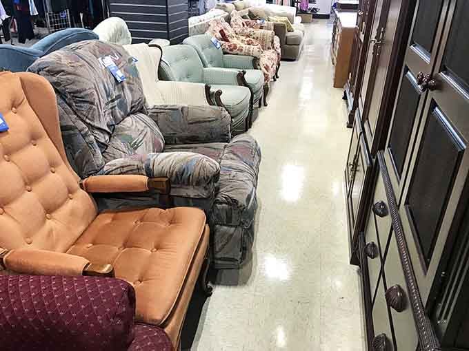 Furniture lined up like a proper showroom lets you actually envision pieces in your living room.