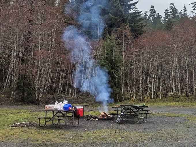 Campfire smoke drifting into the evening sky signals the perfect end to a day spent soaking and exploring.
