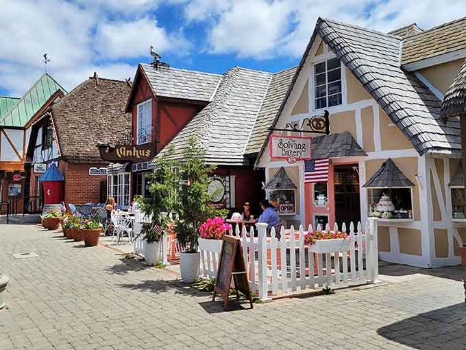 Outdoor dining among half-timbered buildings where California sunshine meets Danish design in the most delicious cultural collision imaginable.