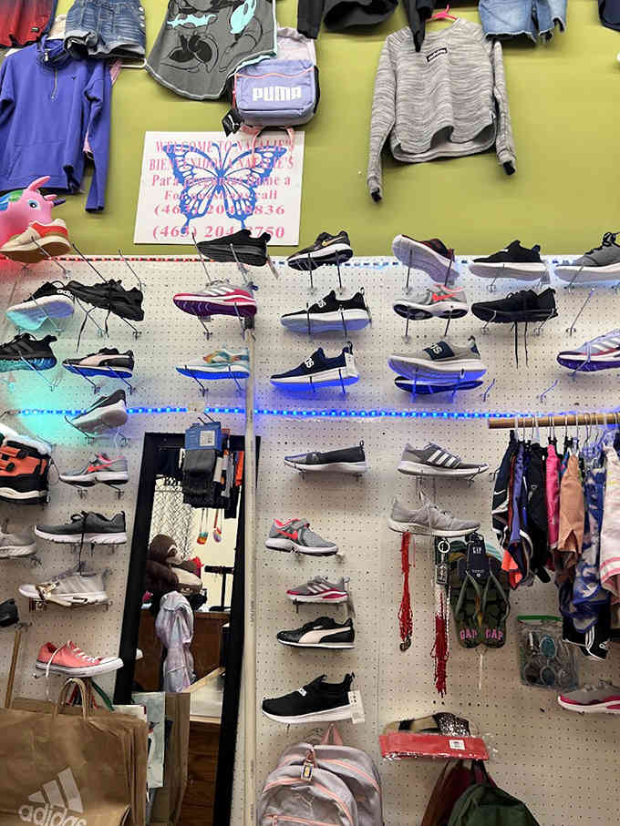 Sneakers mounted on walls create a colorful mosaic of athletic footwear spanning decades of style and sport evolution.