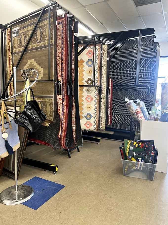 Area rugs hanging like tapestries in a bazaar, ready to warm up floors without emptying wallets in the process.