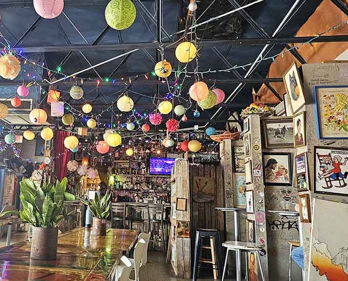 The ceiling becomes a canvas of color and whimsy, proving that looking up can be just as rewarding as looking around.