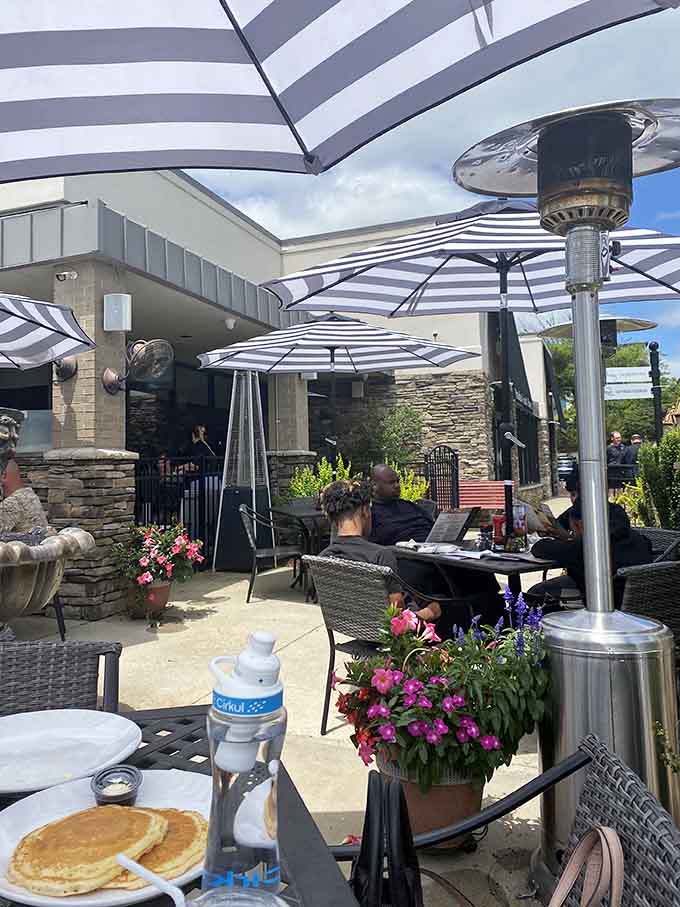 Outdoor patio seating lets you enjoy your pancakes under the sky, weather permitting and appetite willing.