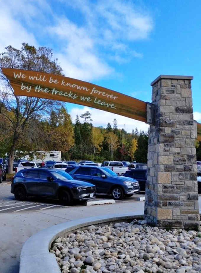 We will be known forever by the tracks we leave. Poetic words for a parking lot entrance, honestly.