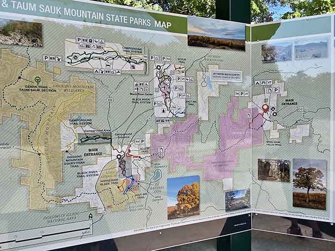 Trail maps reveal the park's secrets, showing routes to waterfalls and vistas you never knew existed nearby.