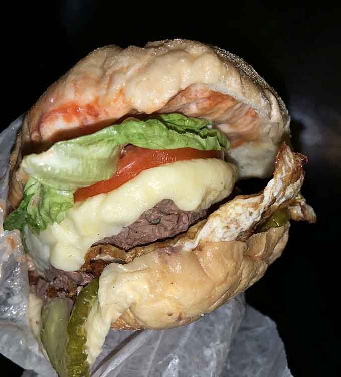 Layers of lettuce, tomato, pickles, and that signature steamed cheese create a burger cross-section that belongs in a culinary textbook somewhere.