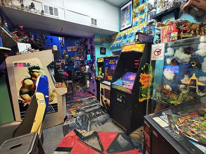 Classic arcade machines lined up like old friends waiting to take your quarters and your entire afternoon too.