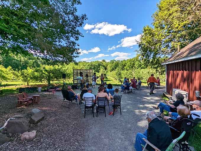 Outdoor seating with orchard views where you can contemplate life's important questions while eating ice cream.