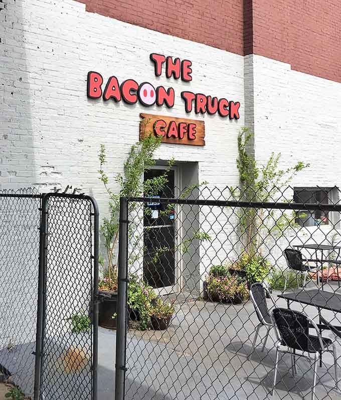 A sunny patio framed by greenery where you can enjoy your bacon creations while pretending the calories don't count.