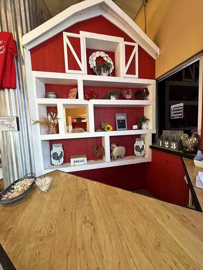 That adorable barn-style display shelf adds farmhouse whimsy, reminding you that breakfast can be both delicious and delightful.