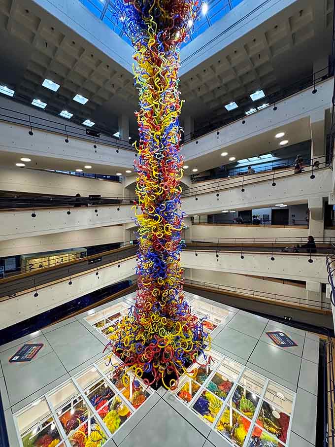 Dale Chihuly's glass sculpture spiraling through the atrium like a rainbow decided to throw a party.
