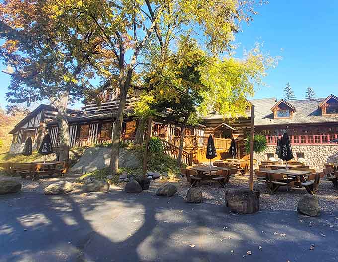 Outdoor seating where you can enjoy your meal while pretending you're dining in a Bavarian village garden.