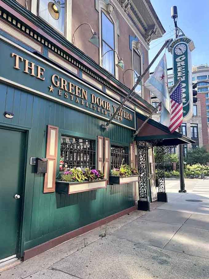 The exterior by daylight reveals the building's charming lean and historic character, standing proud among River North's modern neighbors.