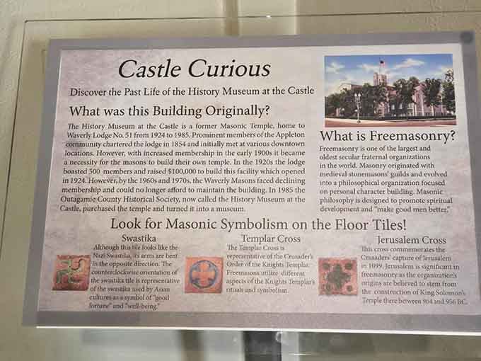 The Masonic symbolism embedded in the floor tiles reveals the building's fascinating origins as a fraternal temple.