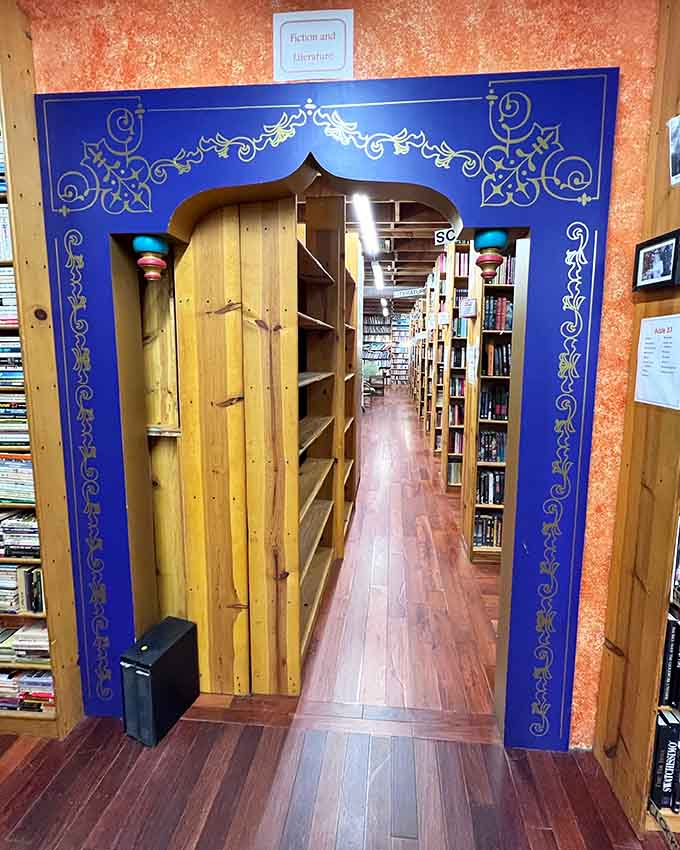 Ornate archways transform simple doorways into portals leading to fiction and literature sections beyond.