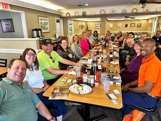 Large groups gathering around pushed-together tables prove this place brings the community together over good food.