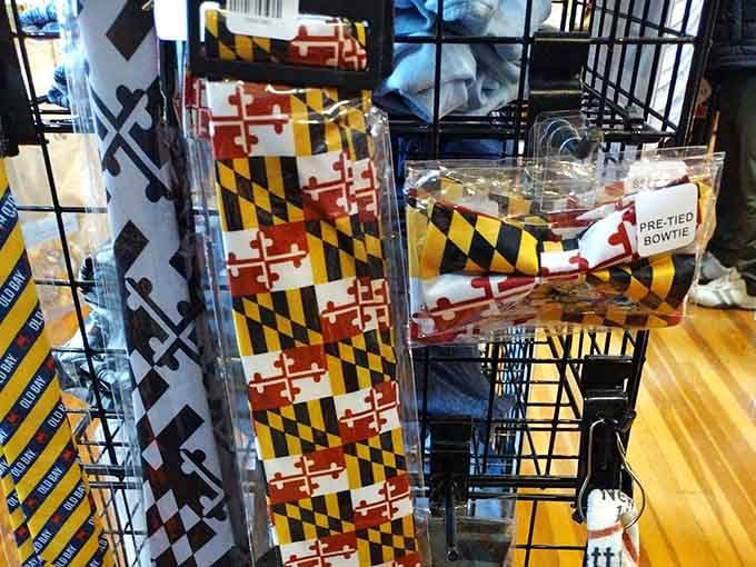 Pre-tied bowties in Maryland's distinctive flag pattern add a touch of local flair to any occasion.