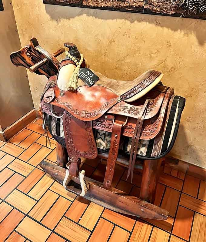 A vintage saddle on display reminds you this is real Florida, not the theme park version tourists usually see on postcards.