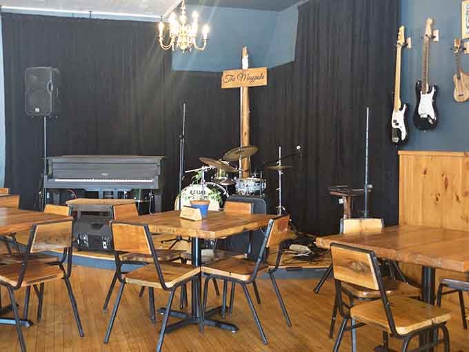 Live music setup ready to serenade your brunch, because good food deserves a proper soundtrack.