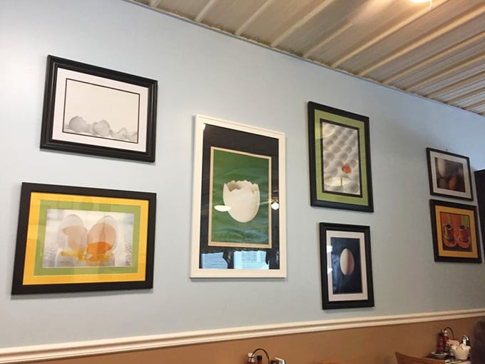 Whimsical breakfast-themed art that celebrates eggs and coffee with the reverence they truly deserve in life.