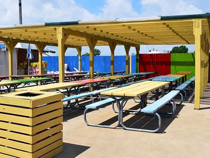 Covered picnic areas provide perfect spots for refueling between attractions, with tables ready for your family feast.