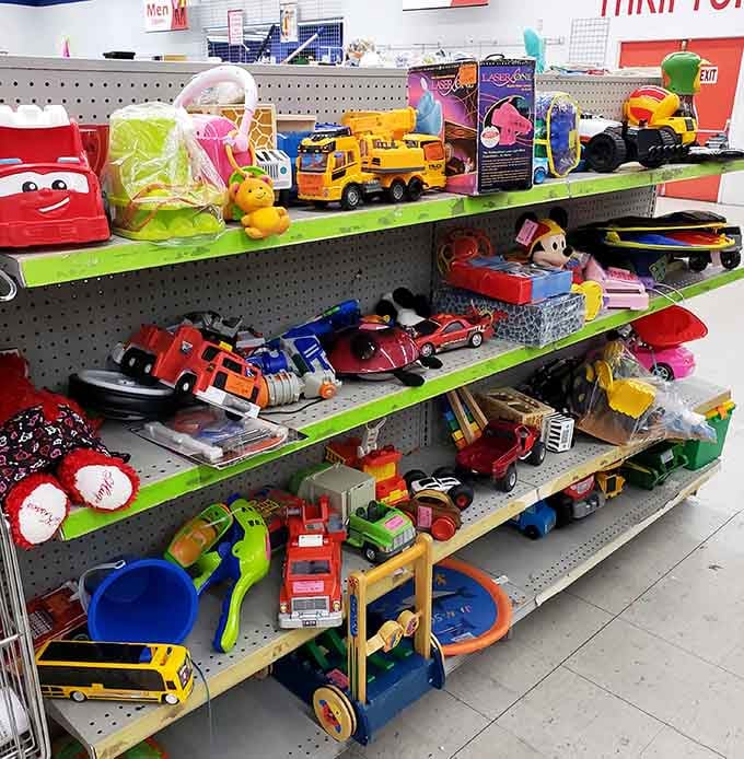 Toy trucks and trinkets lined up like a miniature parade of childhood memories seeking new playrooms.